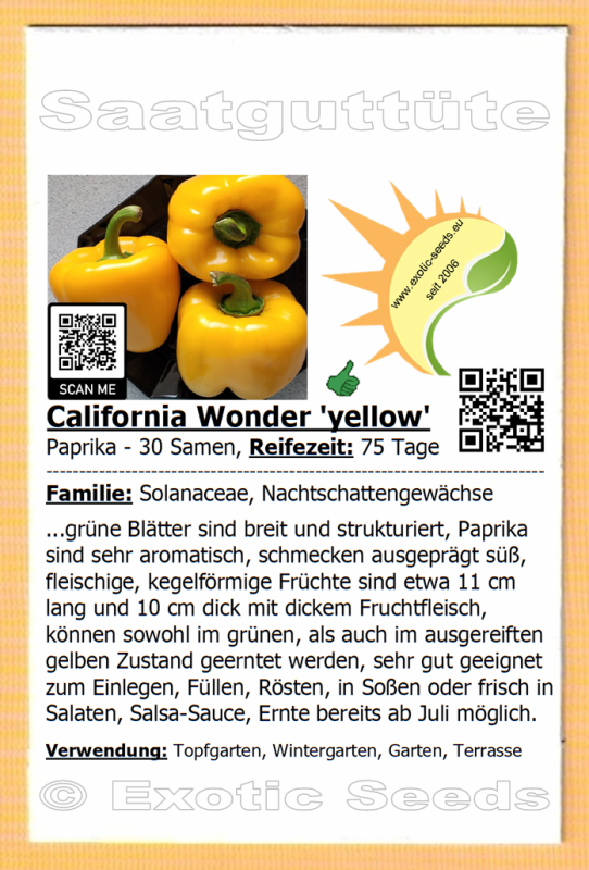 Exotic Seeds - Paprika * California Wonder yellow * 30 Samen